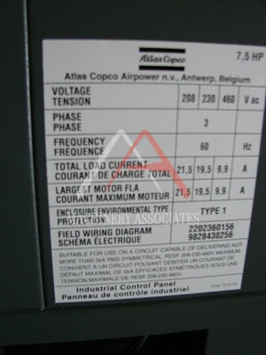 Atlas Copco 7.5 HP RotaryScrew Compressor w/Integrated Air Dryer 357 hrs!