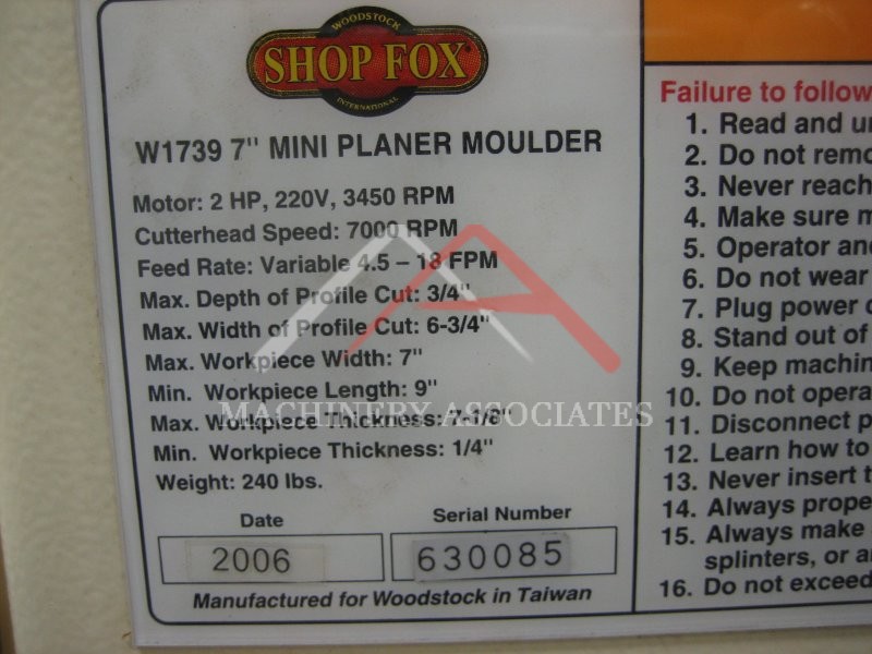 ShopFox Planer/Moulder Model 1739, US0282